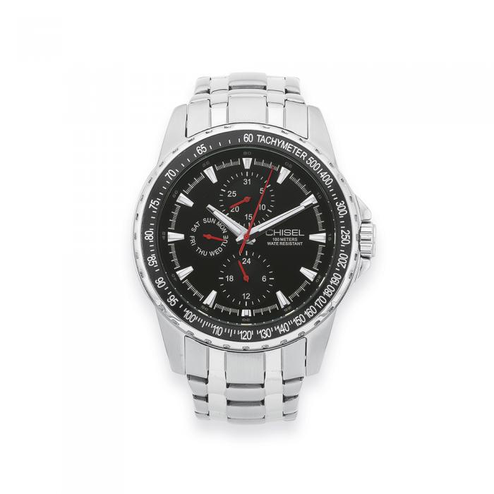 Chisel Mens Silver Tone Multi Date Tachymeter Black Dial 100 Meter ...